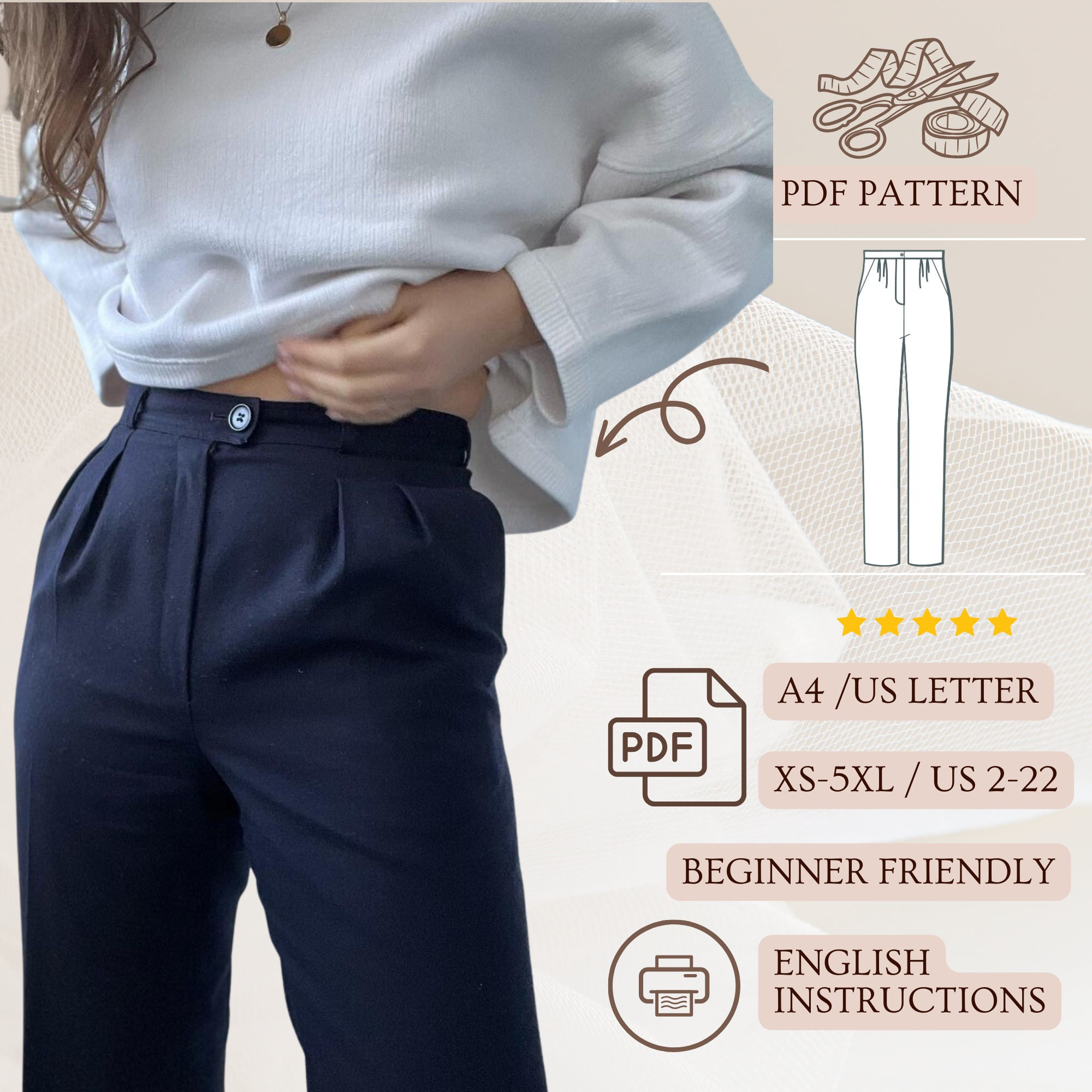 Women High Waist Pants Sewing Pattern, Classic Button Trousers PDF ...