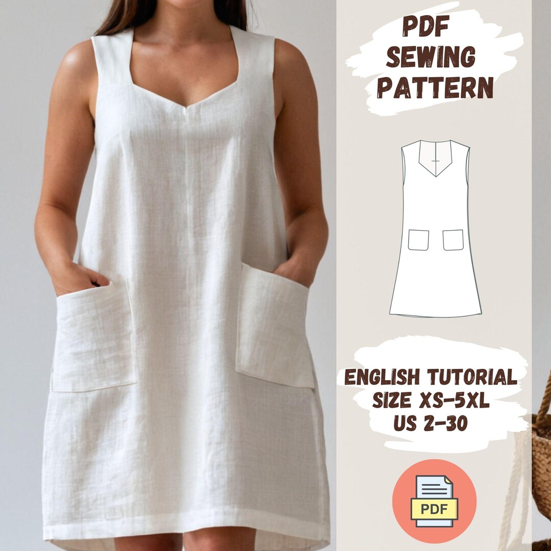 Linen Trapeze Dress PDF Sewing Pattern, Patch Pockets Dress, Sleeveless ...
