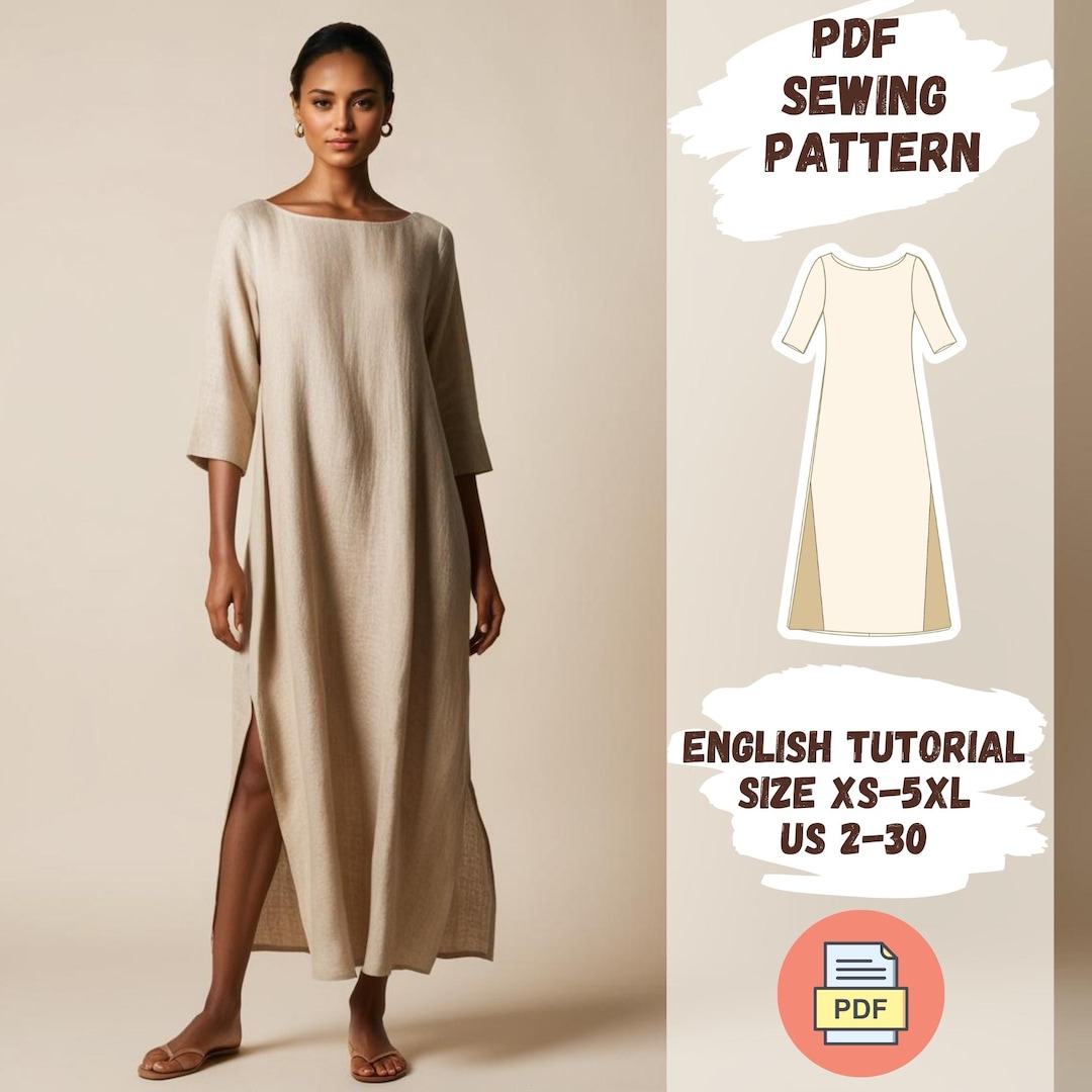 Long Linen Dress Sewing Pattern | Slits Dress | Boat Neck Dress ...