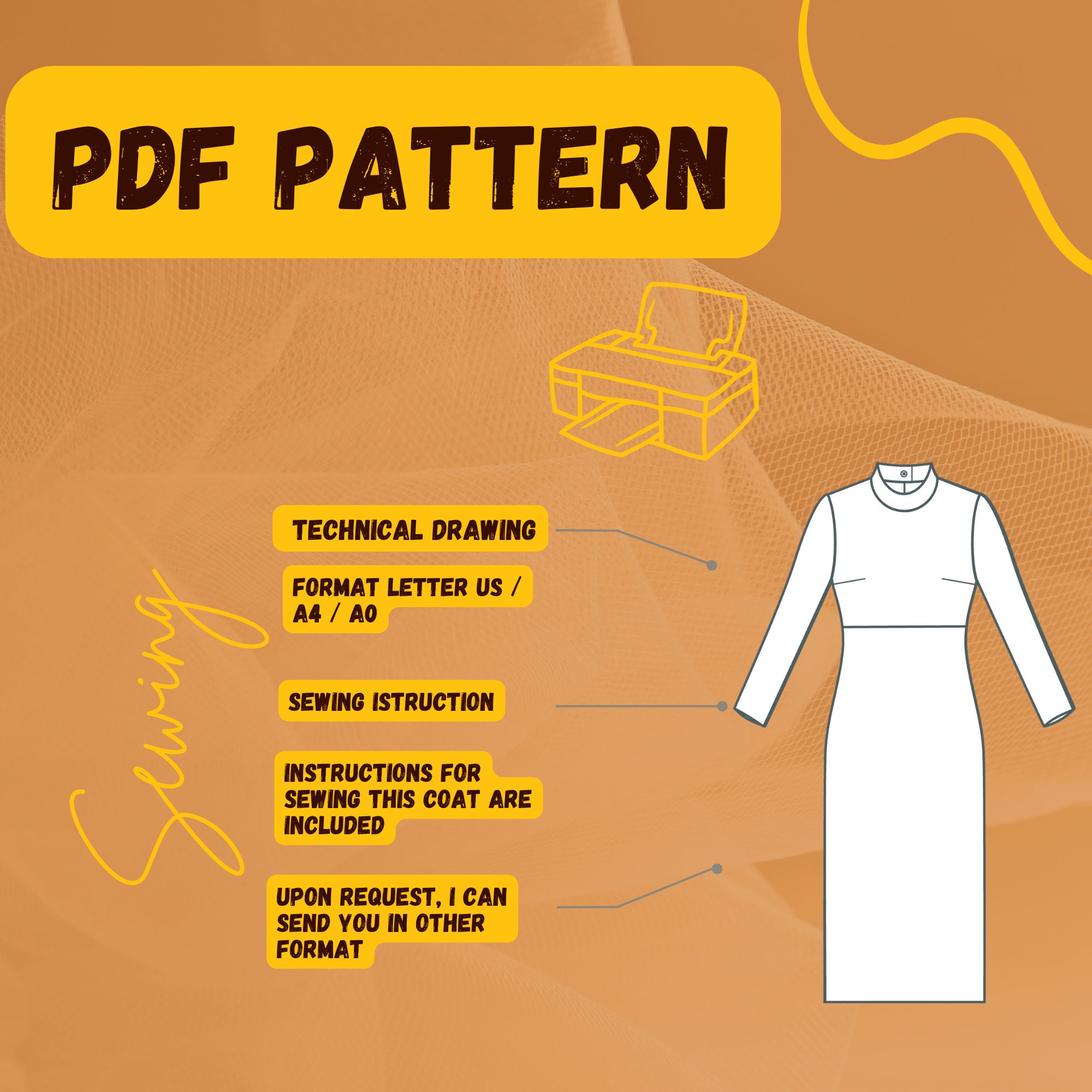 Sewing Dress, Evening Dress XS 5XL, Stand Collar, Long Dress, PDF ...