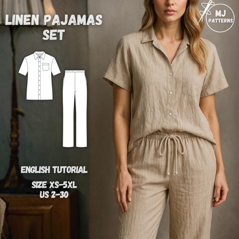 Linen Pajama Sewing Pattern Set – Women’s Shirt and Pants PDF, Short ...