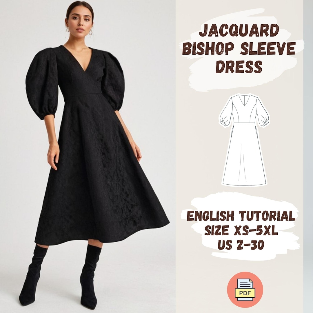 Bishop Sleeve Midi Dress Sewing Pattern, Women’s V-neck Formal A-line Dress, Evening Party ...