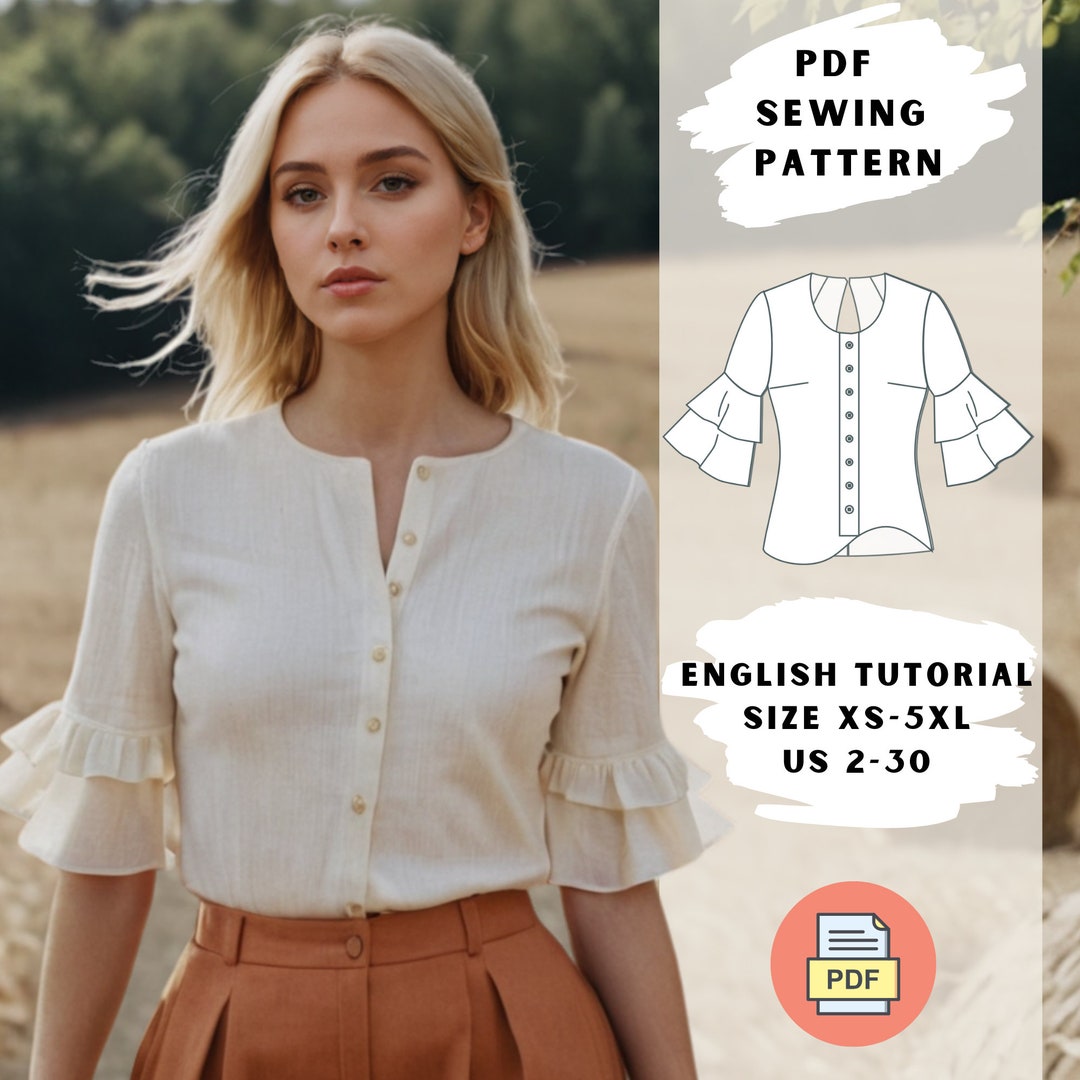 Ruffled Sleeve Blouse Sewing Pattern PDF - Button-up Top Pattern XS-5XL ...