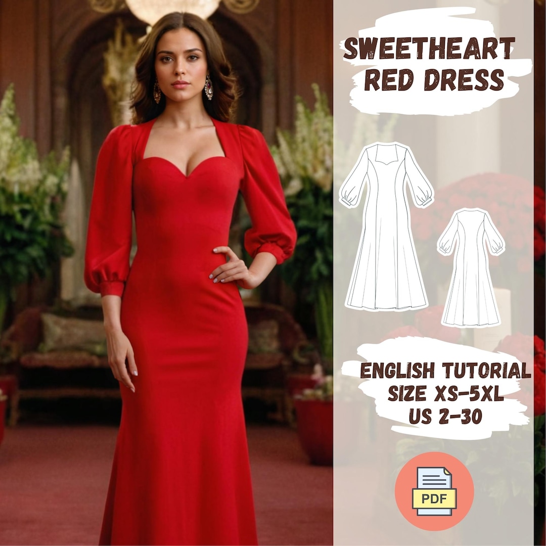 Sweetheart Red Dress Sewing Pattern for Women, Bishop Sleeve Gown ...