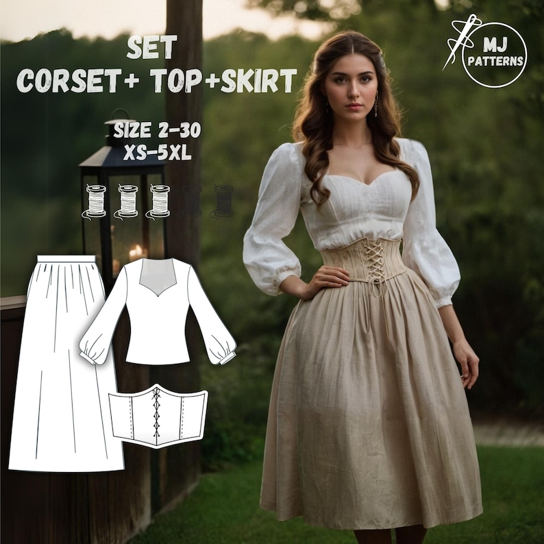 Cottagecore Sewing Pattern Bundle PDF | Blouse, Skirt, Corset Tutorial ...