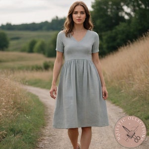 V-neck Gathered Dress Sewing Pattern, Pockets Dress, Gathered Skirt ...