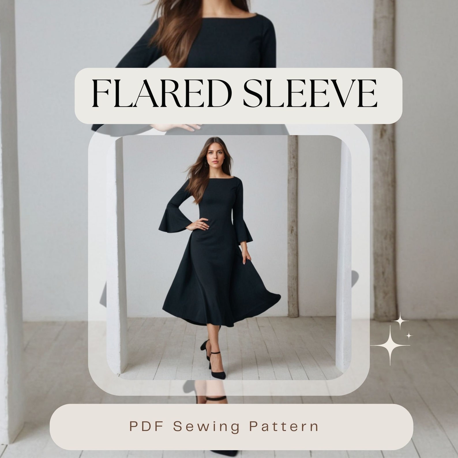 Bell Sleeve Dress Sewing Pattern PDF | Elegant Midi Dress | Sizes XS ...