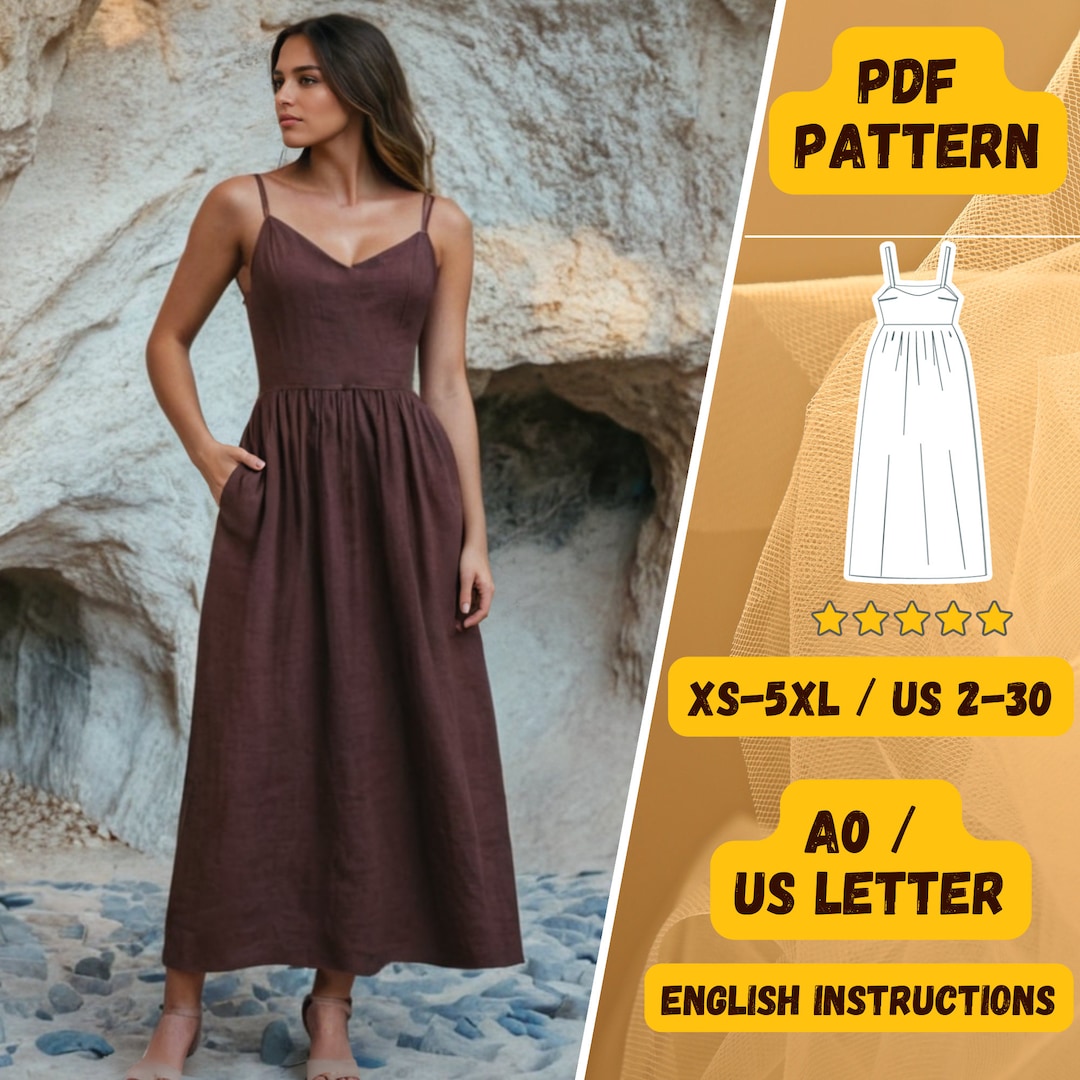 Spaghetti Strap Maxi Dress Sewing Pattern, Sleeveless Sundress With ...