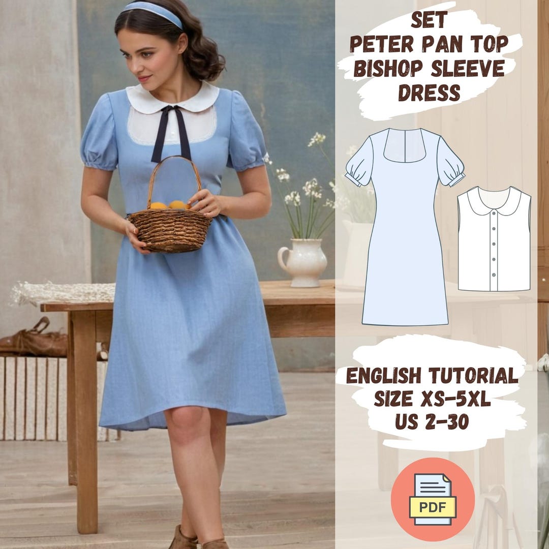 Set Peter Pan Collar Top + Bishop Sleeve Dress Sewing Pattern PDF ...