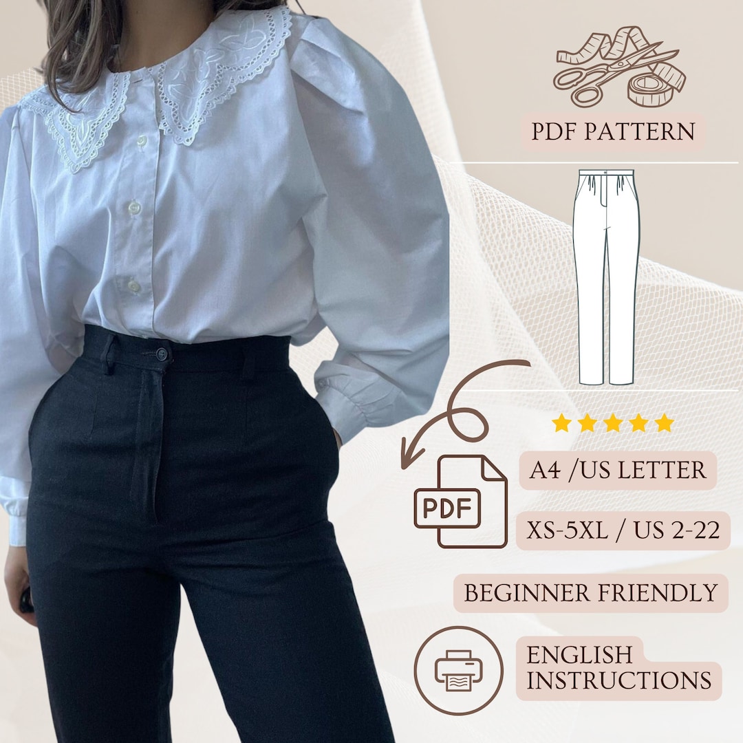 Women High Waist Pants Sewing Pattern, Classic Button Trousers PDF ...