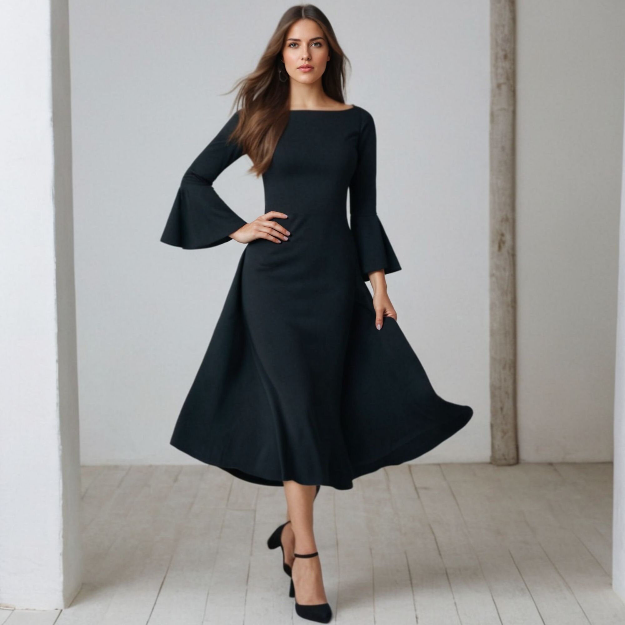 Bell Sleeve Dress Sewing Pattern PDF | Elegant Midi Dress | Sizes XS ...