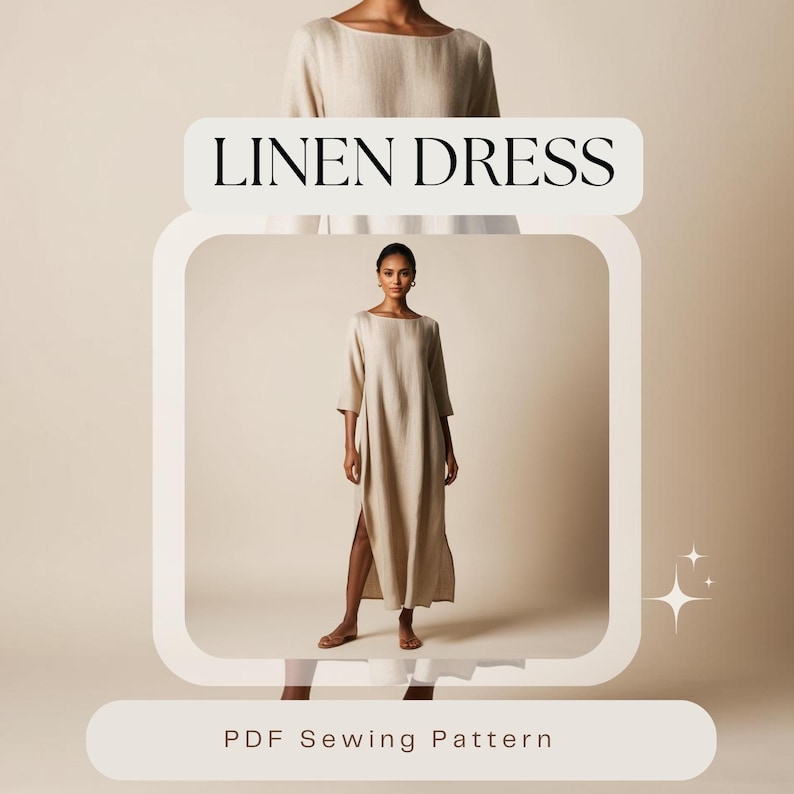 Long Linen Dress Sewing Pattern | Slits Dress | Boat Neck Dress ...