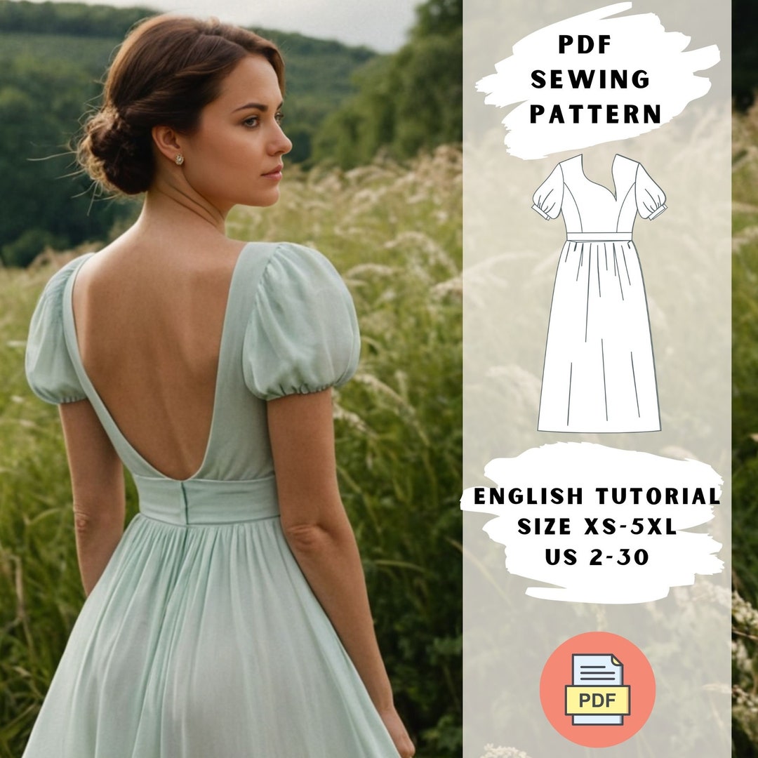 U Neck Open Back Bishop Sleeve Dress Sewing Pattern PDF | Sizes XS-5XL ...