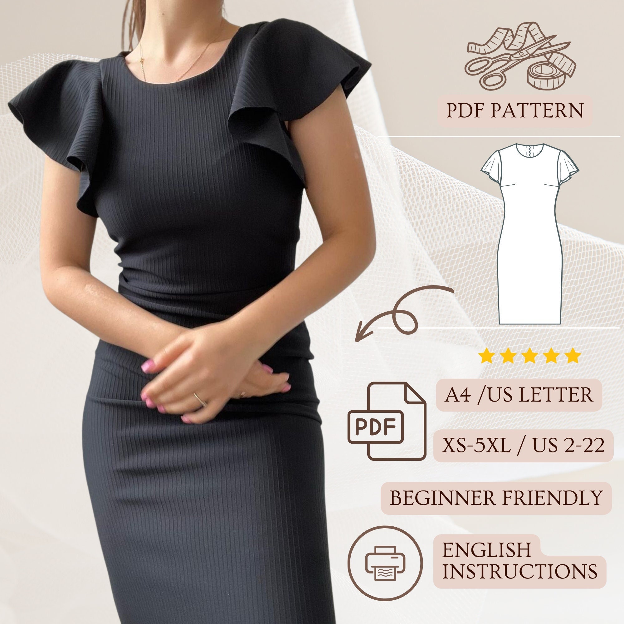 Pencil Dress Sewing Pattern, Ruffled Sleeve Dress Pattern, Shift Dress ...