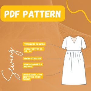 V-neck Gathered Dress Sewing Pattern, Pockets Dress, Gathered Skirt ...