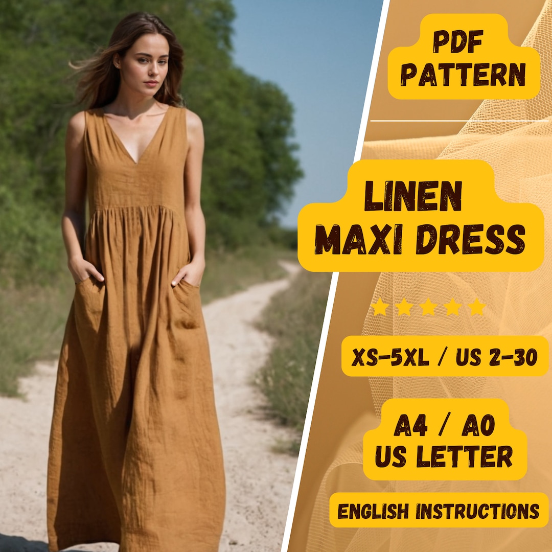 Long Linen Dress, PDF Sewing Pattern, Gathering Skirt, Pockets Dress ...