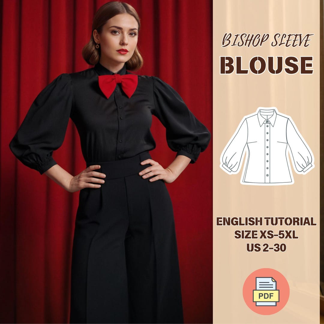 Bishop Sleeve Blouse Sewing Pattern - PDF - Sizes XS-5XL (US 2-30 ...