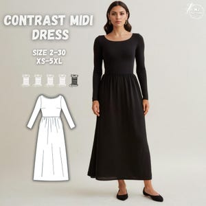 Midi Dress Sewing Pattern PDF With English Tutorial, Long Sleeve Dress ...