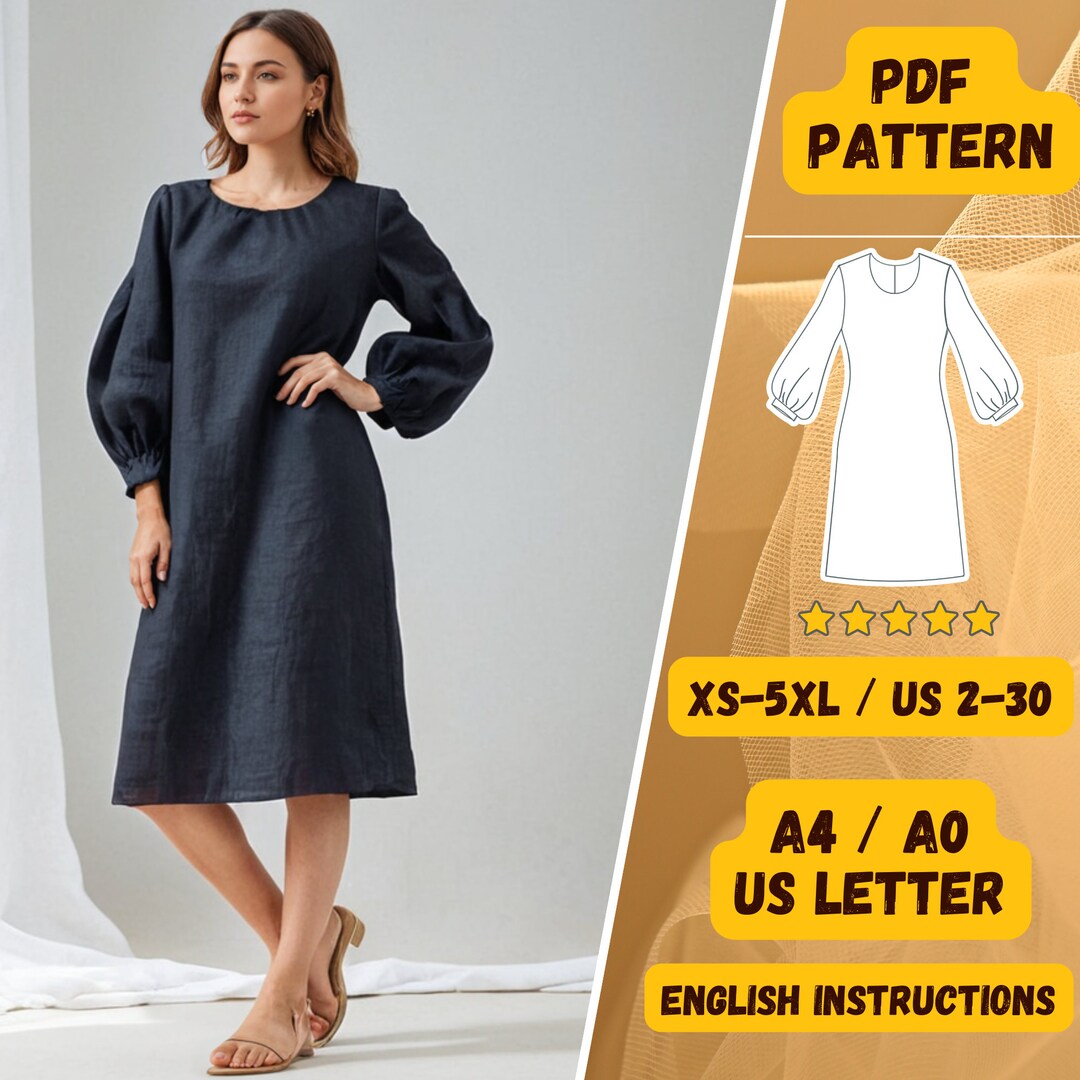 Bishop Sleeve Dress PDF Sewing Pattern | Round Neck Linen Dress | Sizes ...