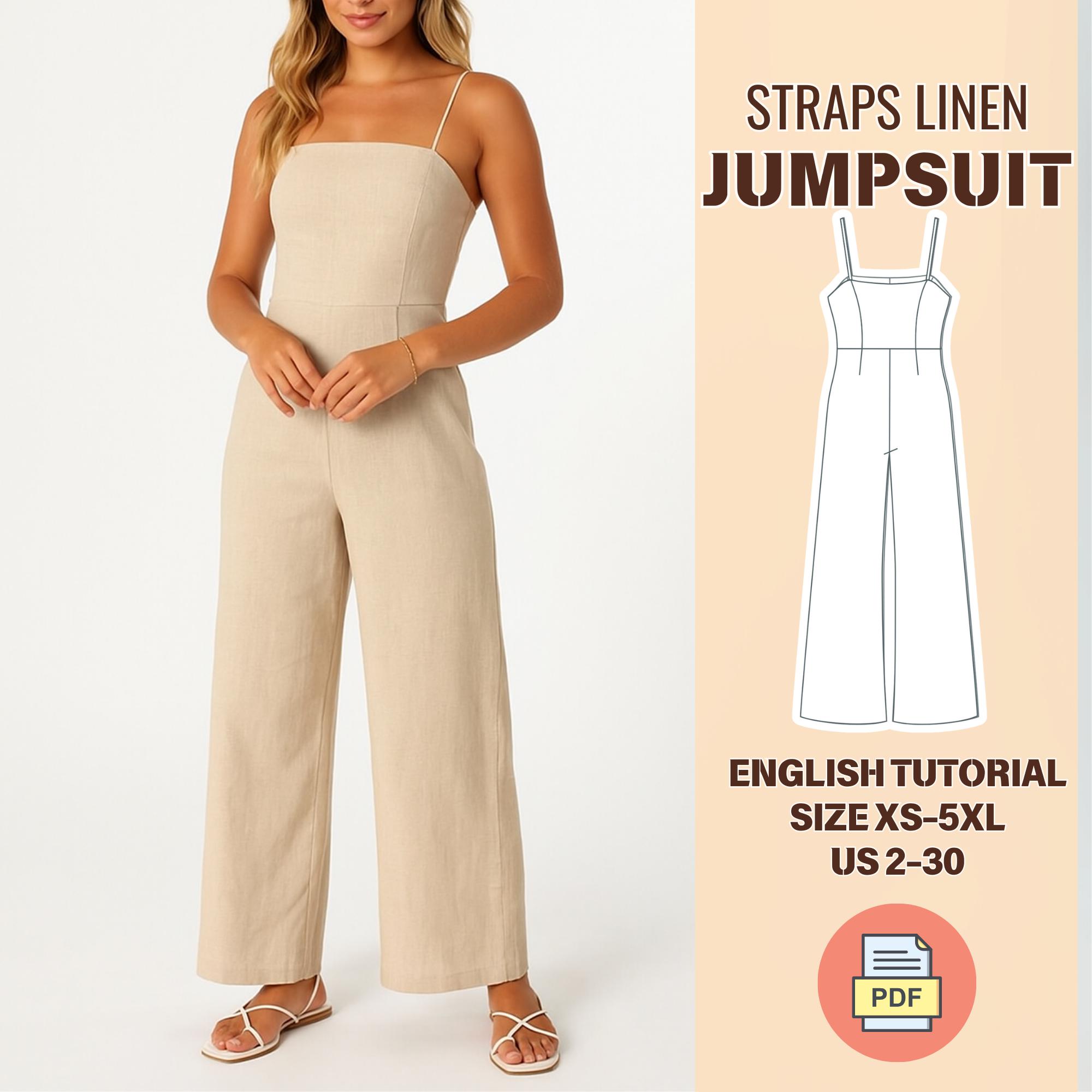 Linen Jumpsuit Sewing Pattern, Women With Spaghetti Straps and Wide Leg ...
