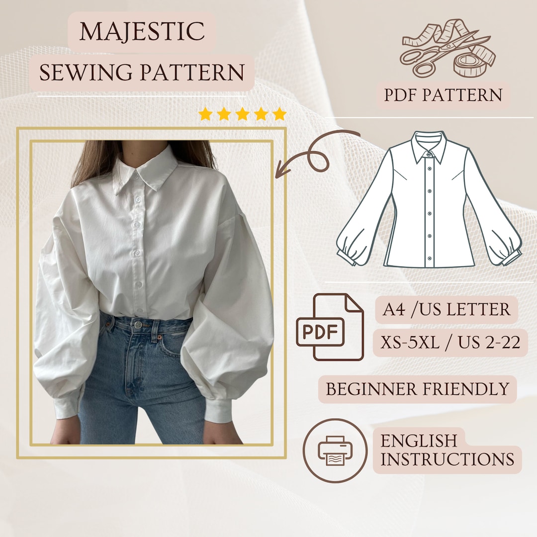 Lantern Sleeve Sewing Blouse, Poet Shirt, Instant PDF Download, Puffy ...