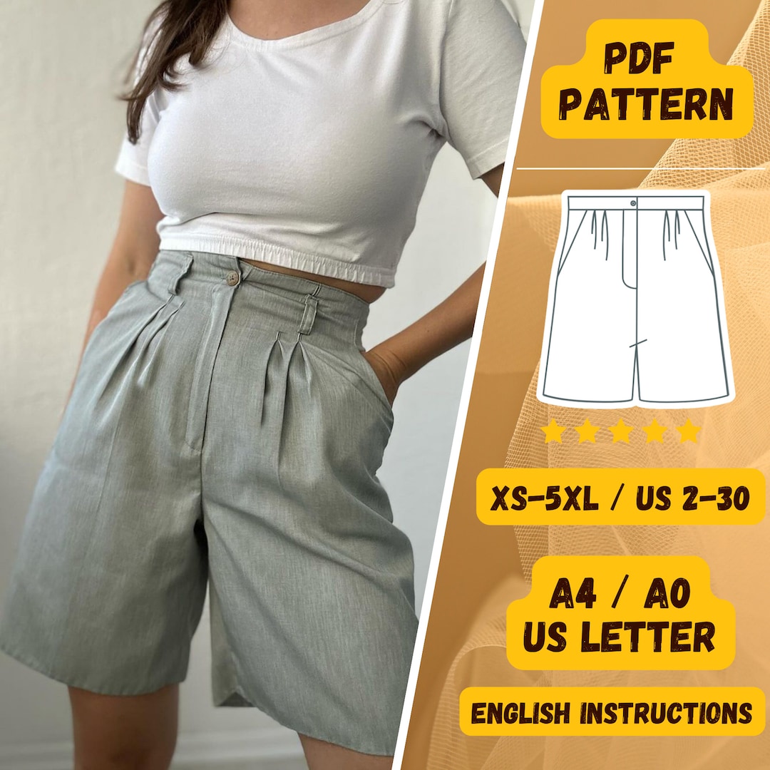 Shorts Sewing Pattern, Pockets Shorts XS- 5XL, Natural Waist Shorts ...