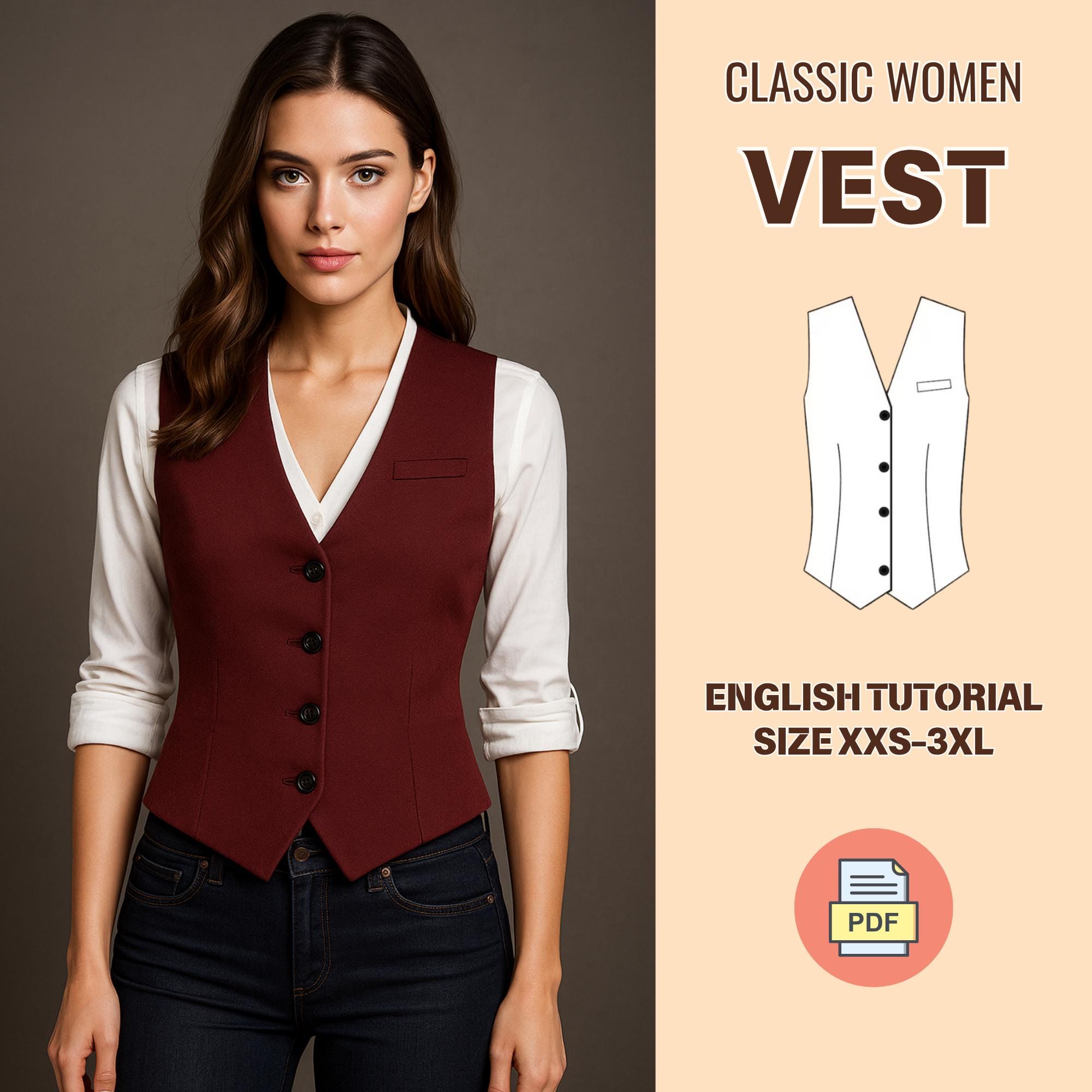Fitted Vest Sewing Pattern PDF | Women's Classic Buttoned Waistcoat ...