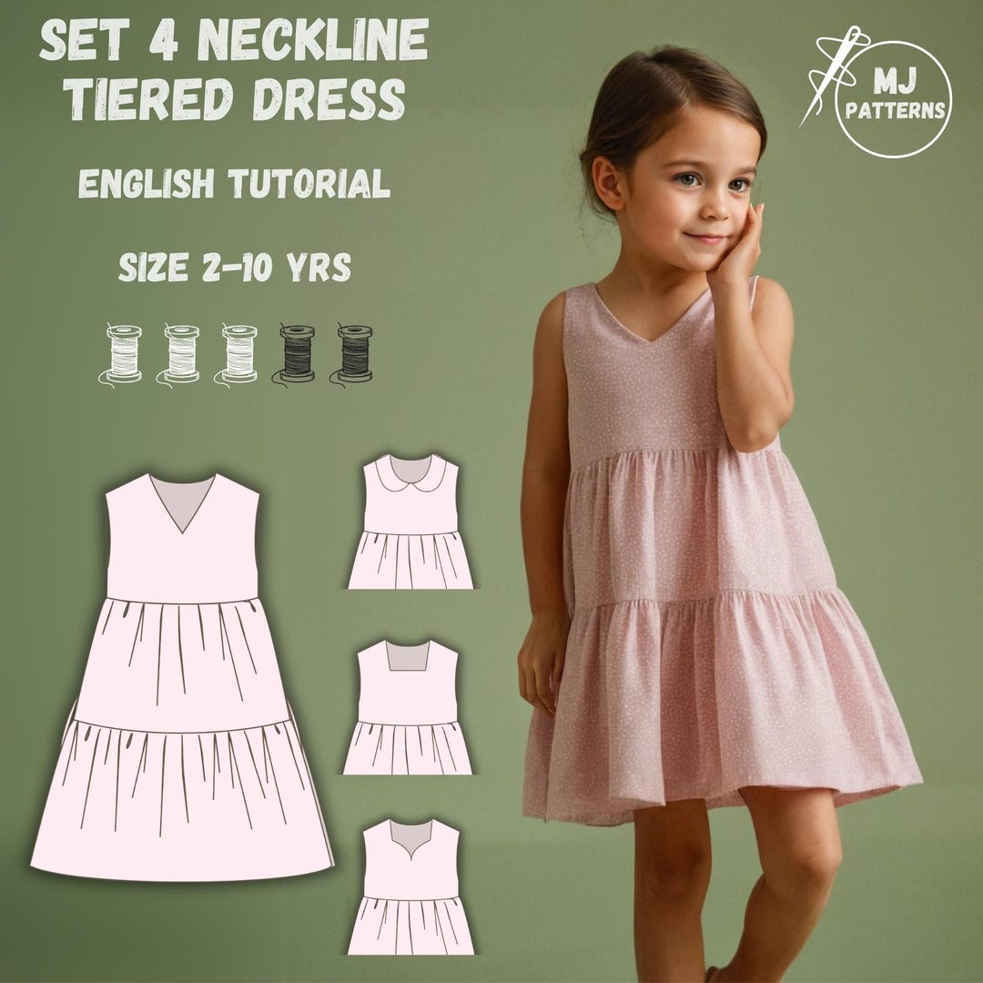 Tiered Dress Sewing Pattern for Girls, Set of 4 Neckline Styles ...