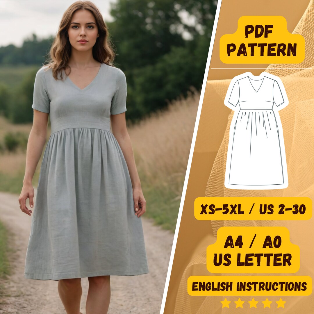 V-neck Gathered Dress Sewing Pattern, Pockets Dress, Gathered Skirt ...