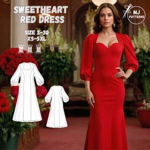 Sweetheart Red Dress Sewing Pattern for Women, Bishop Sleeve Gown ...