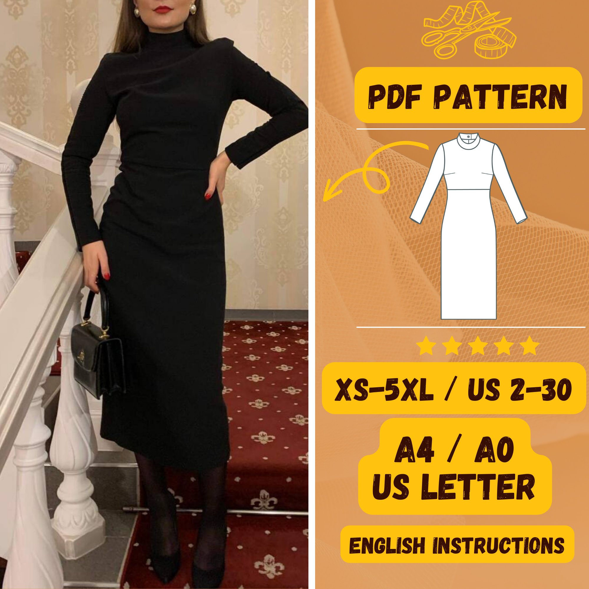 Sewing Dress, Evening Dress XS 5XL, Stand Collar, Long Dress, PDF ...