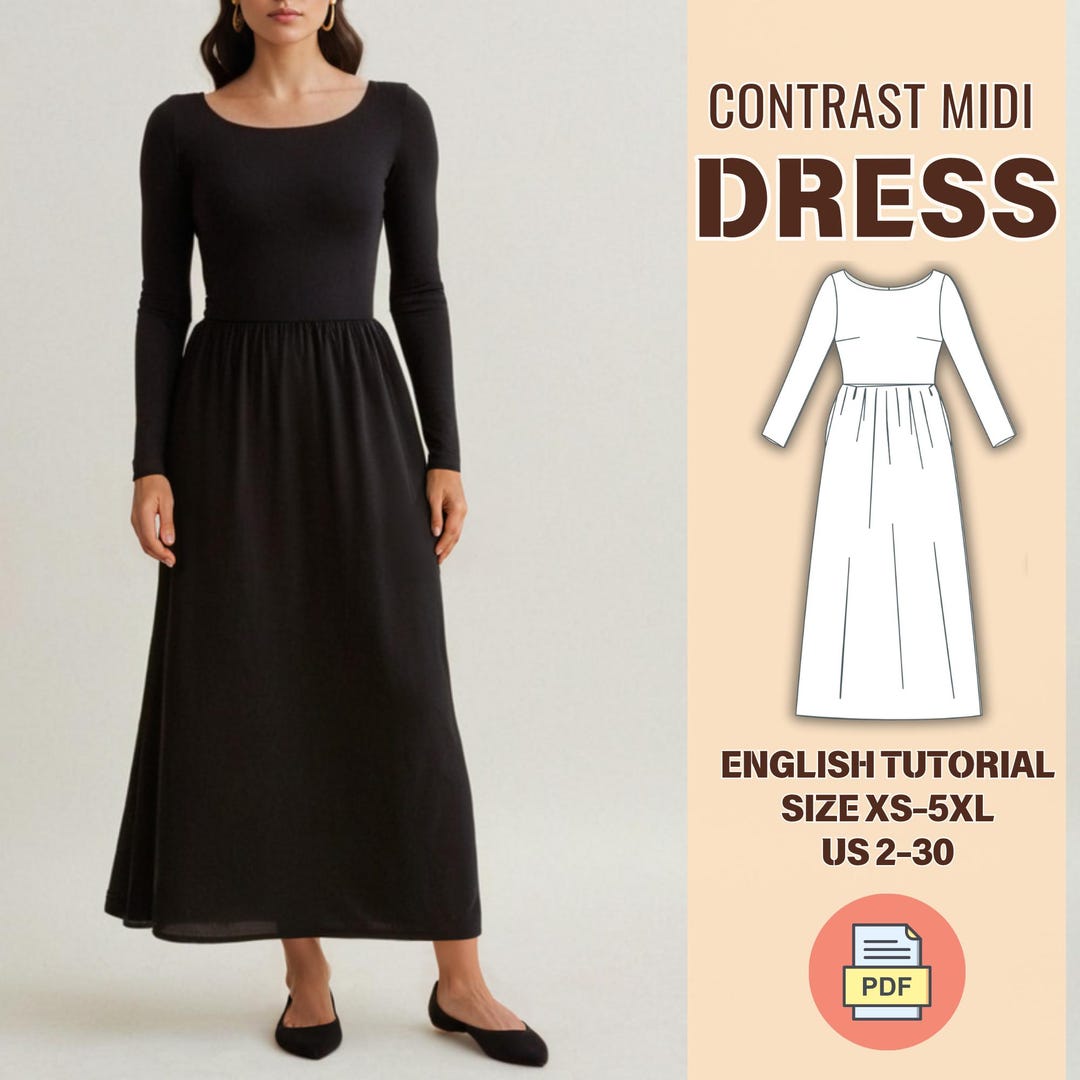 Midi Dress Sewing Pattern PDF With English Tutorial, Long Sleeve Dress ...
