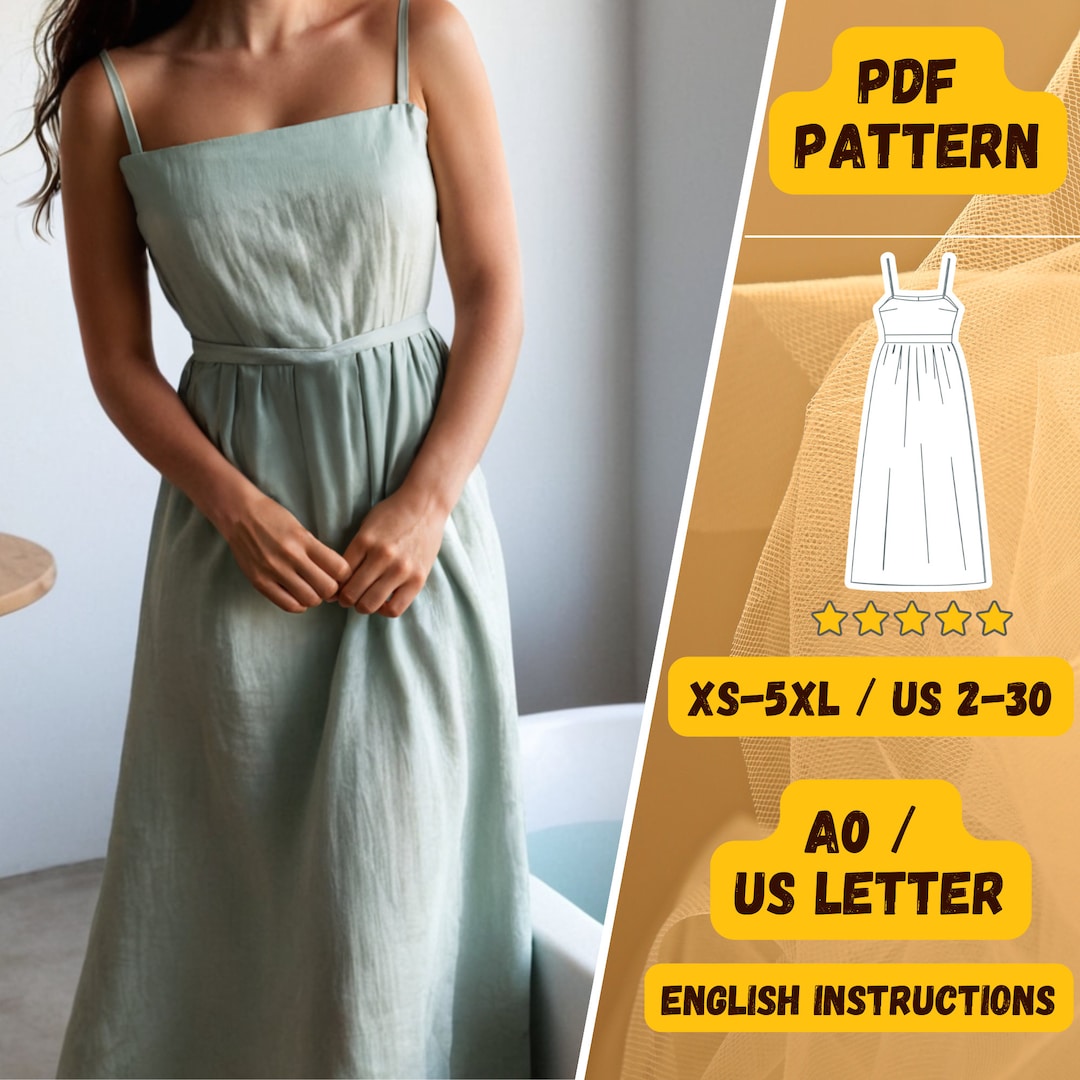 Square Neck Maxi Linen Dress PDF Sewing Pattern - Spaghetti Straps ...