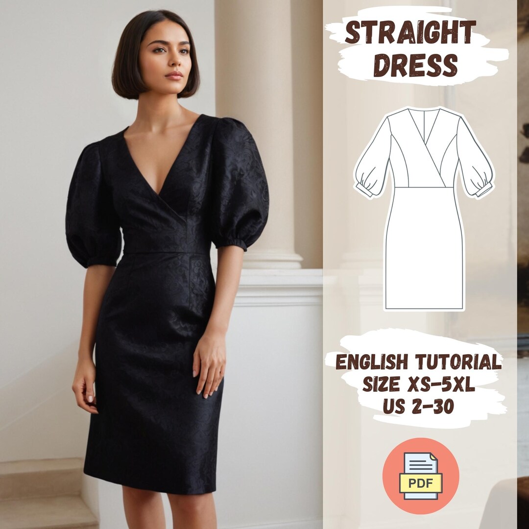 Bishop Sleeve Dress Sewing Pattern, Straight Women’s V-neck Formal ...