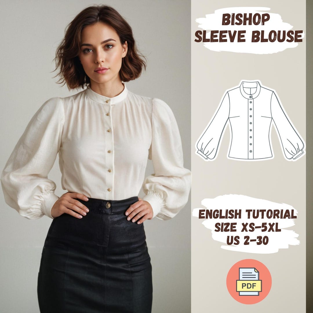 Bishop Sleeve Blouse Sewing Pattern | Stand Collar Blouse | XS-5XL ...