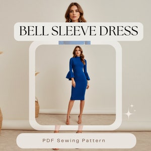 Fitted Bell Sleeve Dress Sewing Pattern PDF | Flared Sleeve | High-neck ...