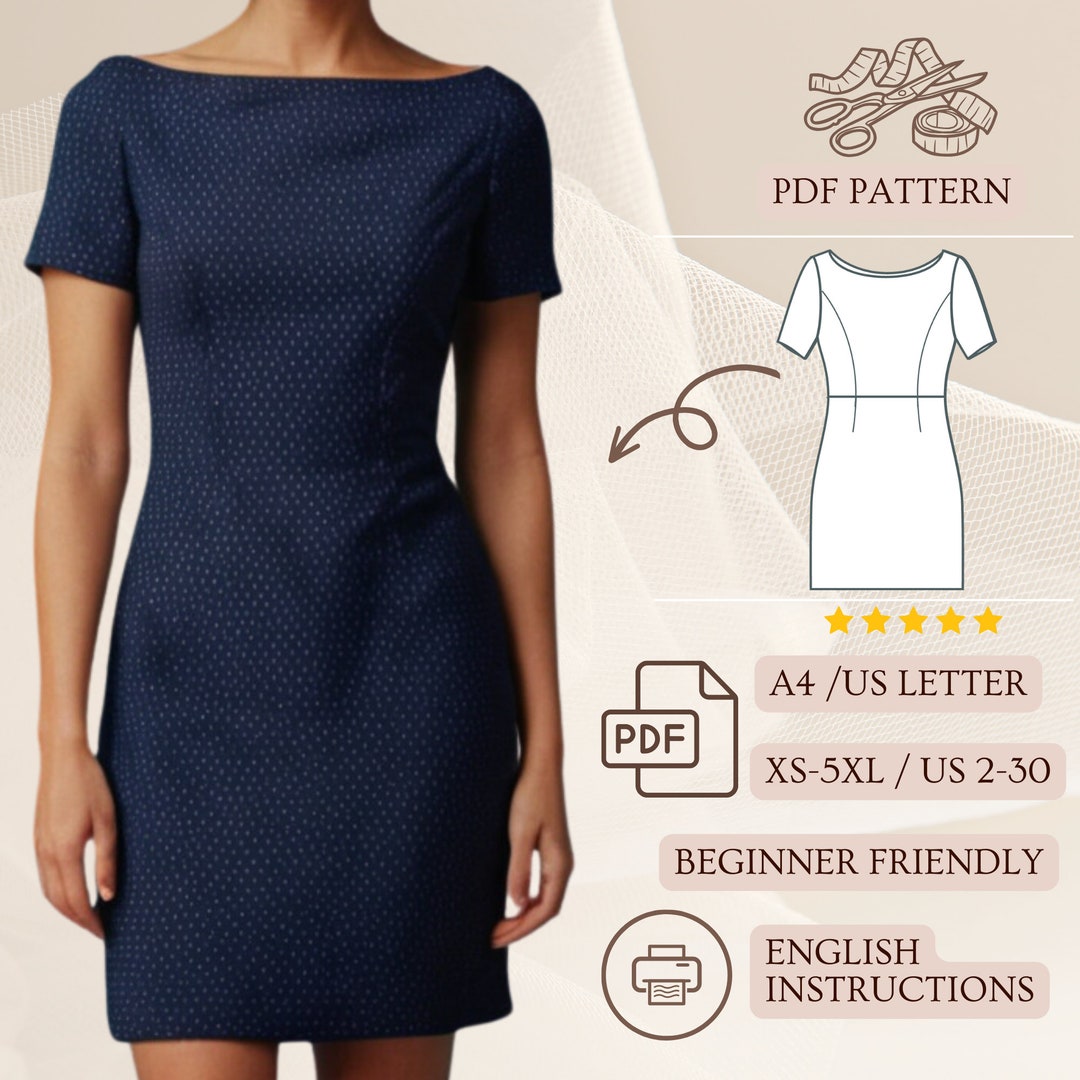 Simple Dress Sewing Pattern, Boat Neck, Short Sleeve, PDF Easy Sewing ...