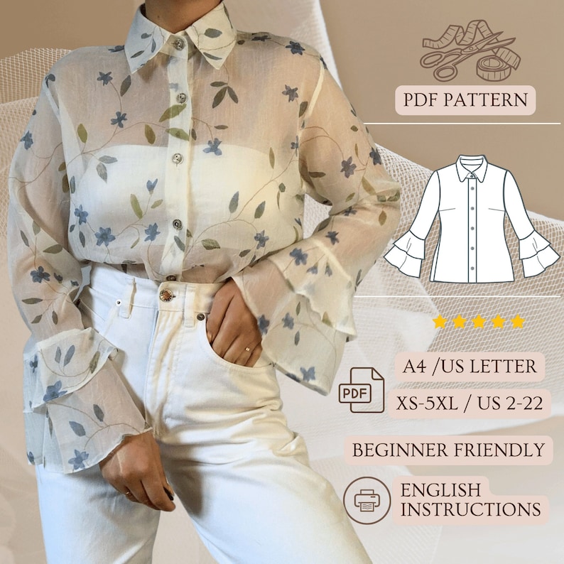 Button up Ruffled Sleeve Blouse Sewing Pattern Instant PDF Download - Etsy