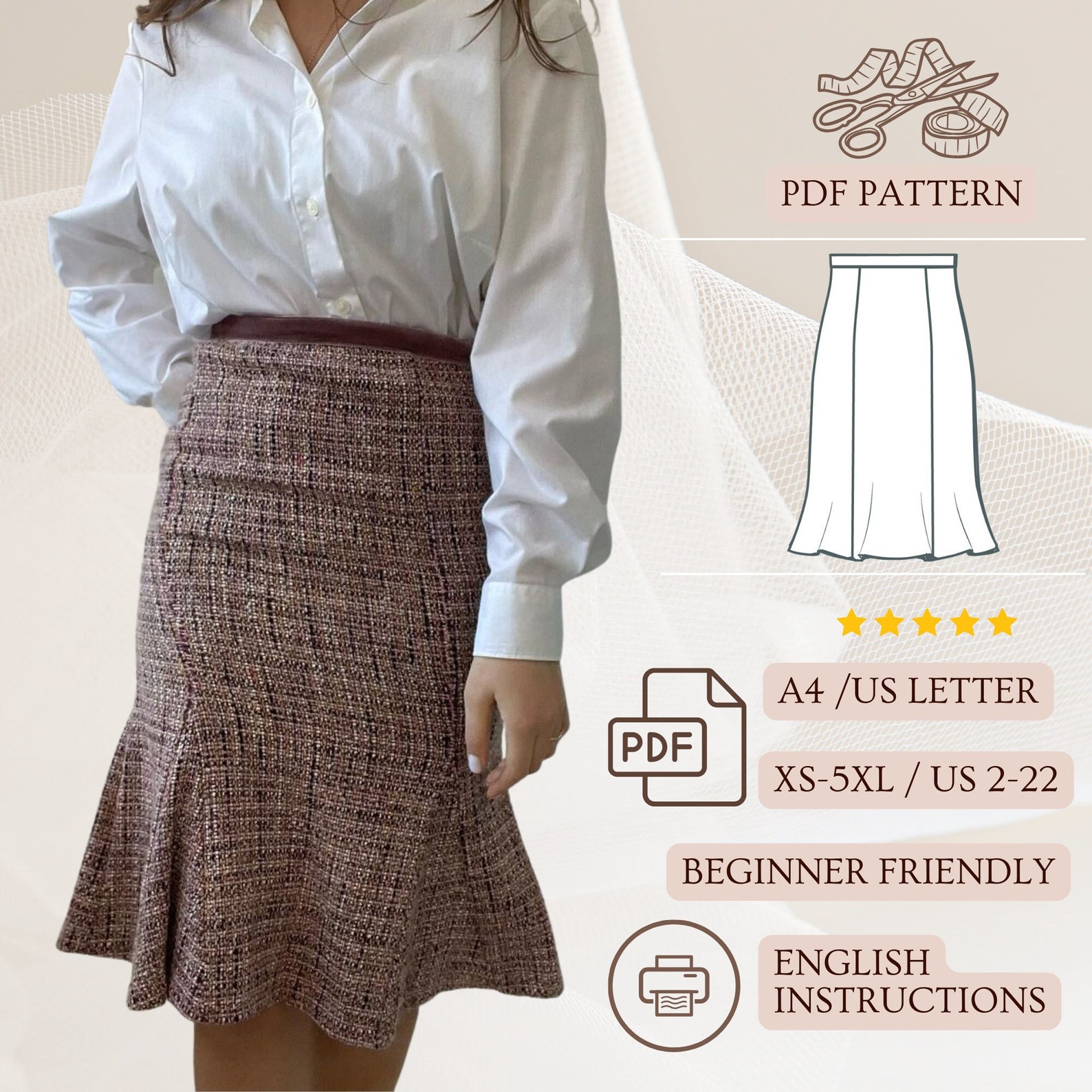 Trumpet Skirt Sewing Pattern, PDF Sewing Pattern, XS-5XL, Midi Skirt ...