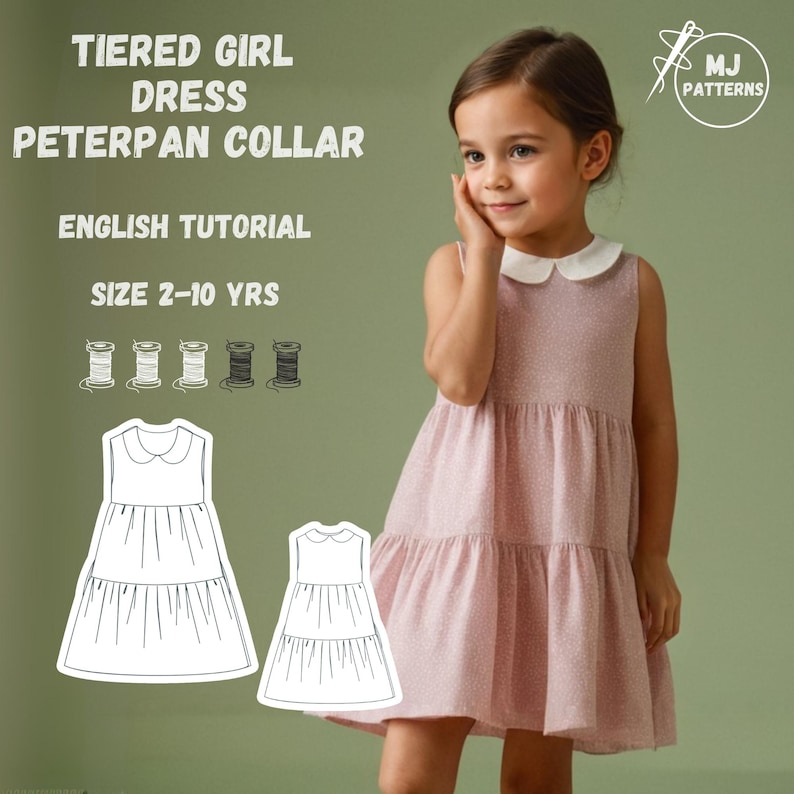 Tiered Girl Dress Sewing Pattern With Peter Pan Collar, Dress Sewing ...