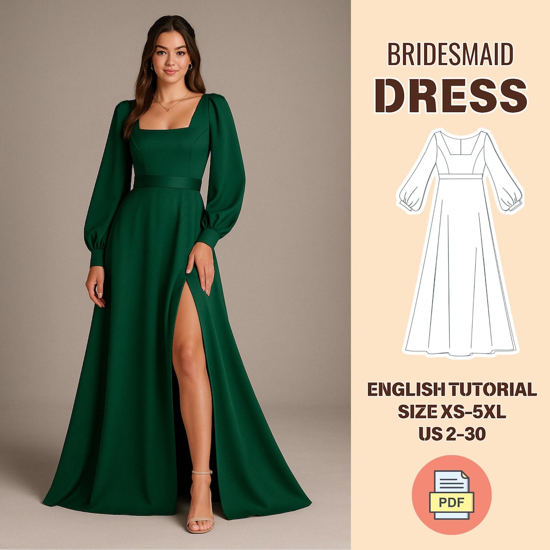 Elegant Bridesmaid Dress Sewing Pattern PDF – Bishop Sleeve Evening ...