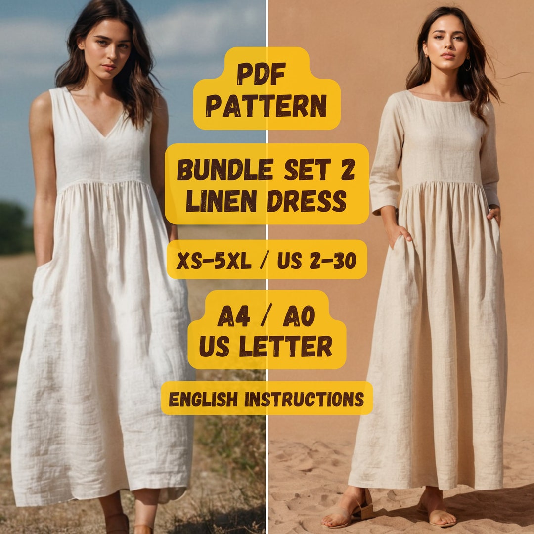 Set Bundle of 2 Dresses Long Linen V-neck Dress and Boat Neck Gathered ...