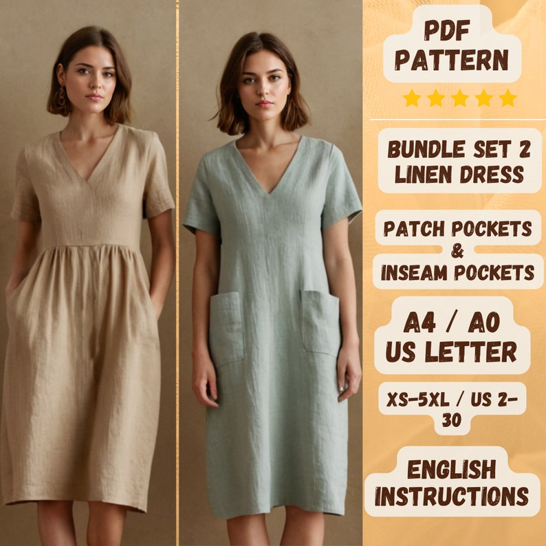 Set Linen Dress Sewing Pattern With V-neck and Inseam or Patch Pockets ...