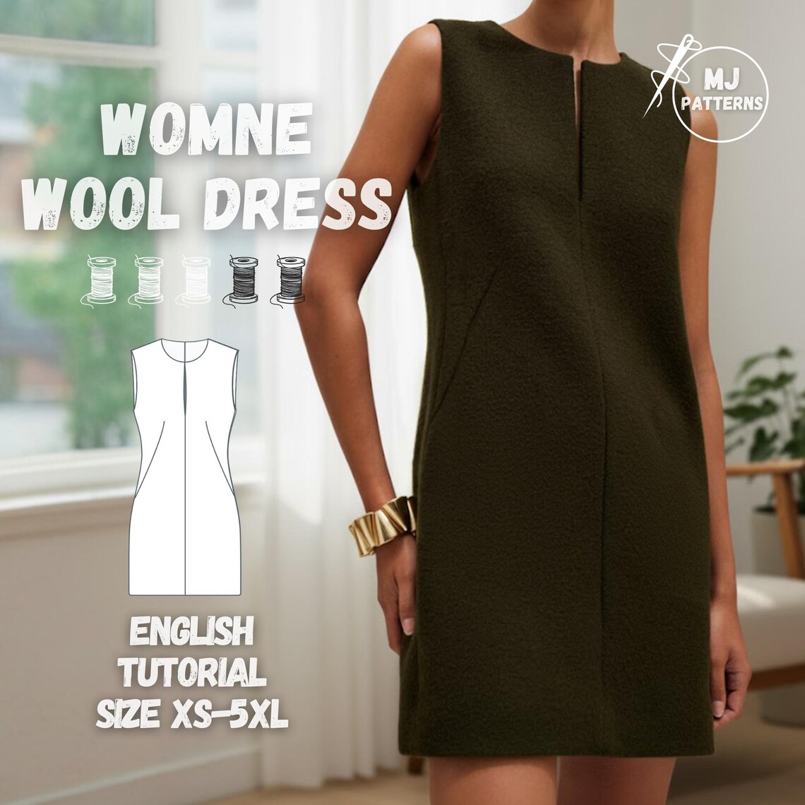 Minimalist Shift Dress Sewing Pattern PDF – Sleeveless Wool Dress ...