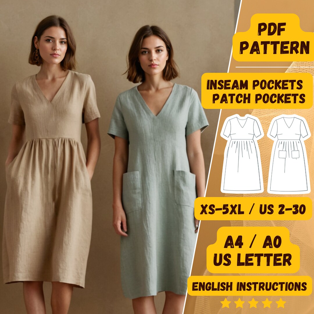 Set Linen Dress Sewing Pattern With V-neck and Inseam or Patch Pockets ...