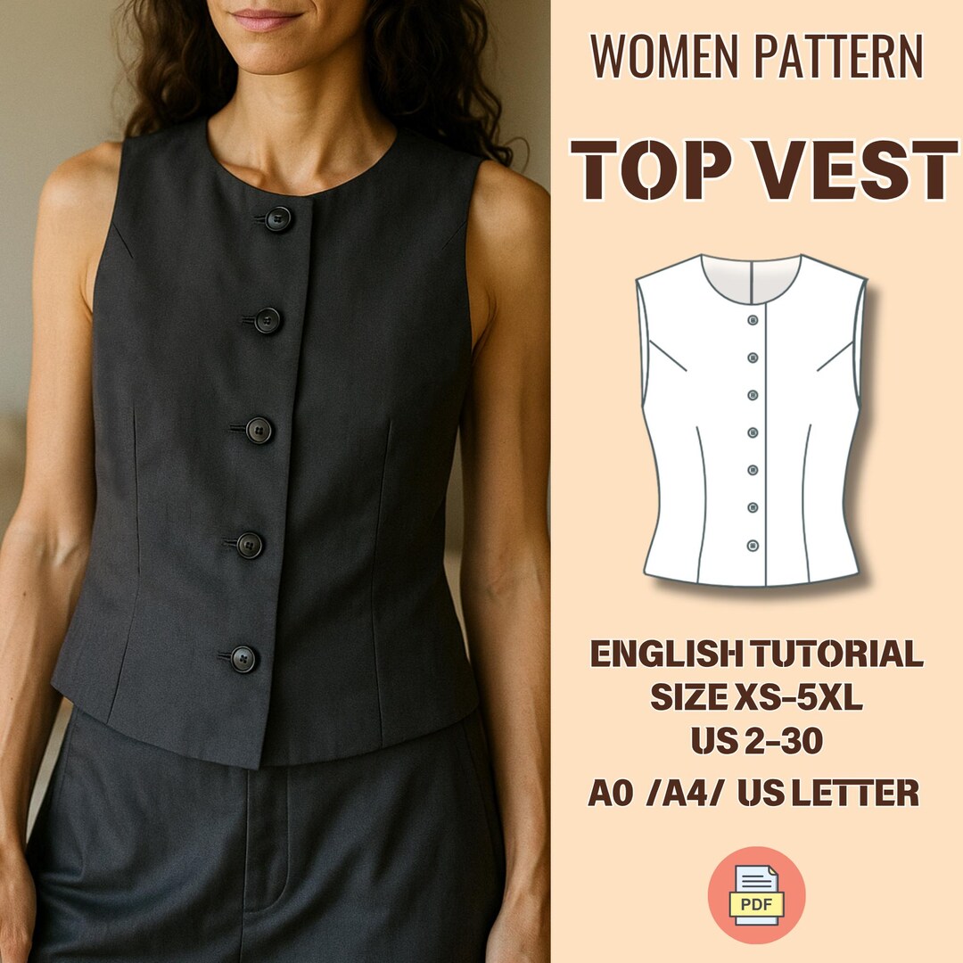 Tailored Sleeveless Vest PDF Sewing Pattern– Minimalist Button Front ...