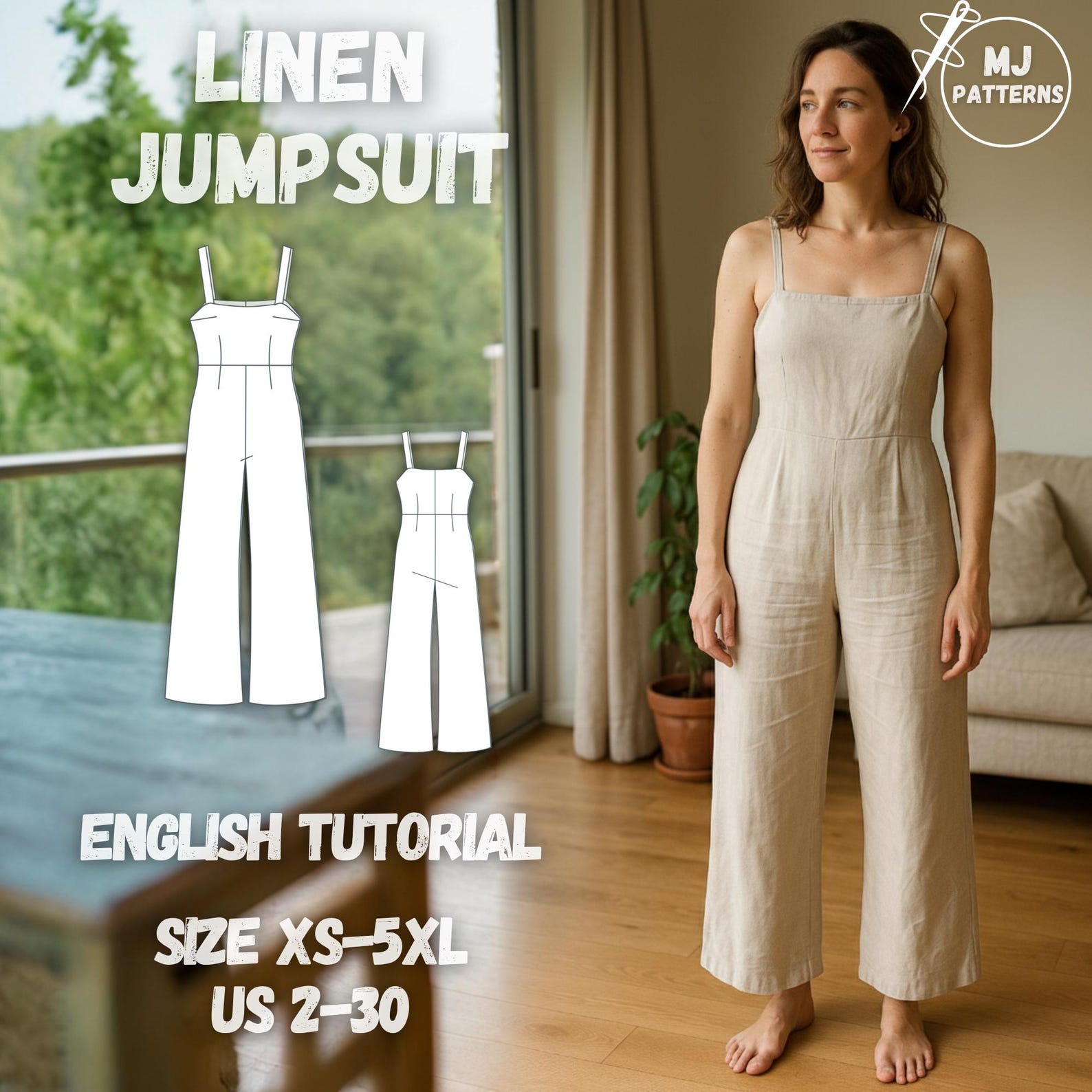 Linen Jumpsuit PDF Sewing Pattern – Wide Leg Minimalist Palazzo Pants ...