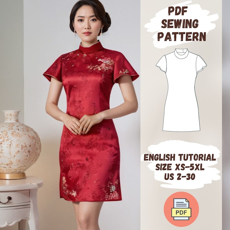 Cheongsam Dress PDF Sewing Pattern | Flared Sleeve | Stand Collar ...
