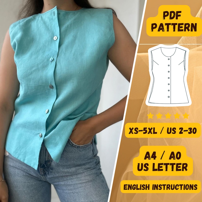 Turquoise Linen Top PDF Sewing Pattern Sleeveless Button-down Blouse ...
