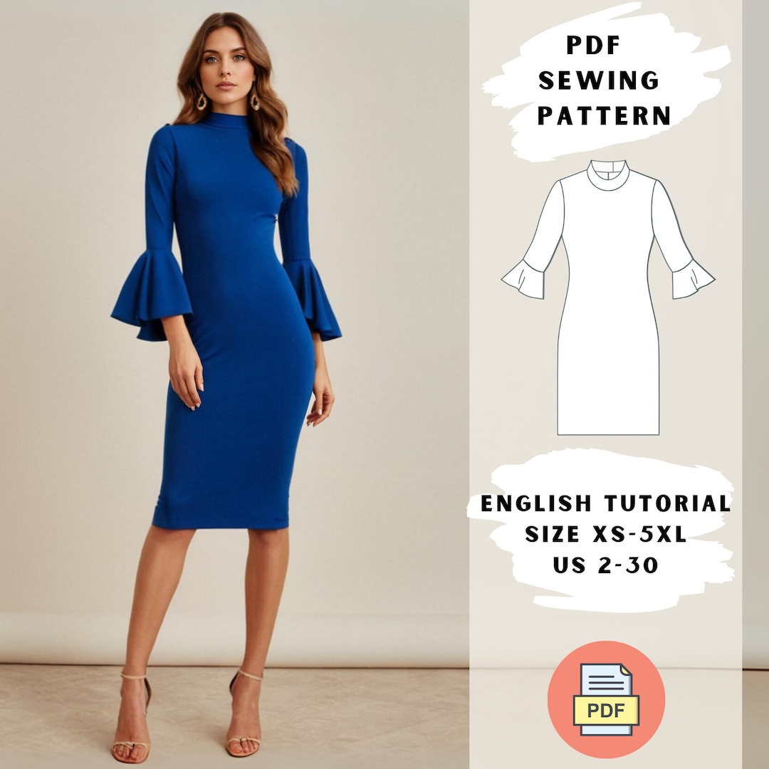 Fitted Bell Sleeve Dress Sewing Pattern PDF | Flared Sleeve | High-neck ...
